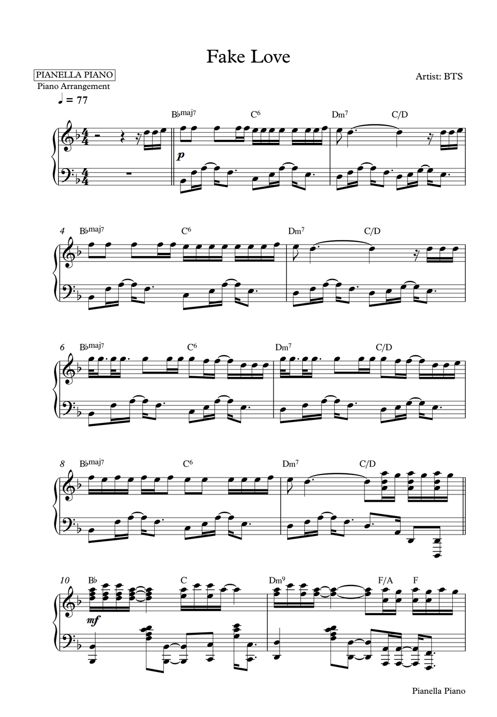Bts Fake Love Piano Sheet By Pianella Piano Лист