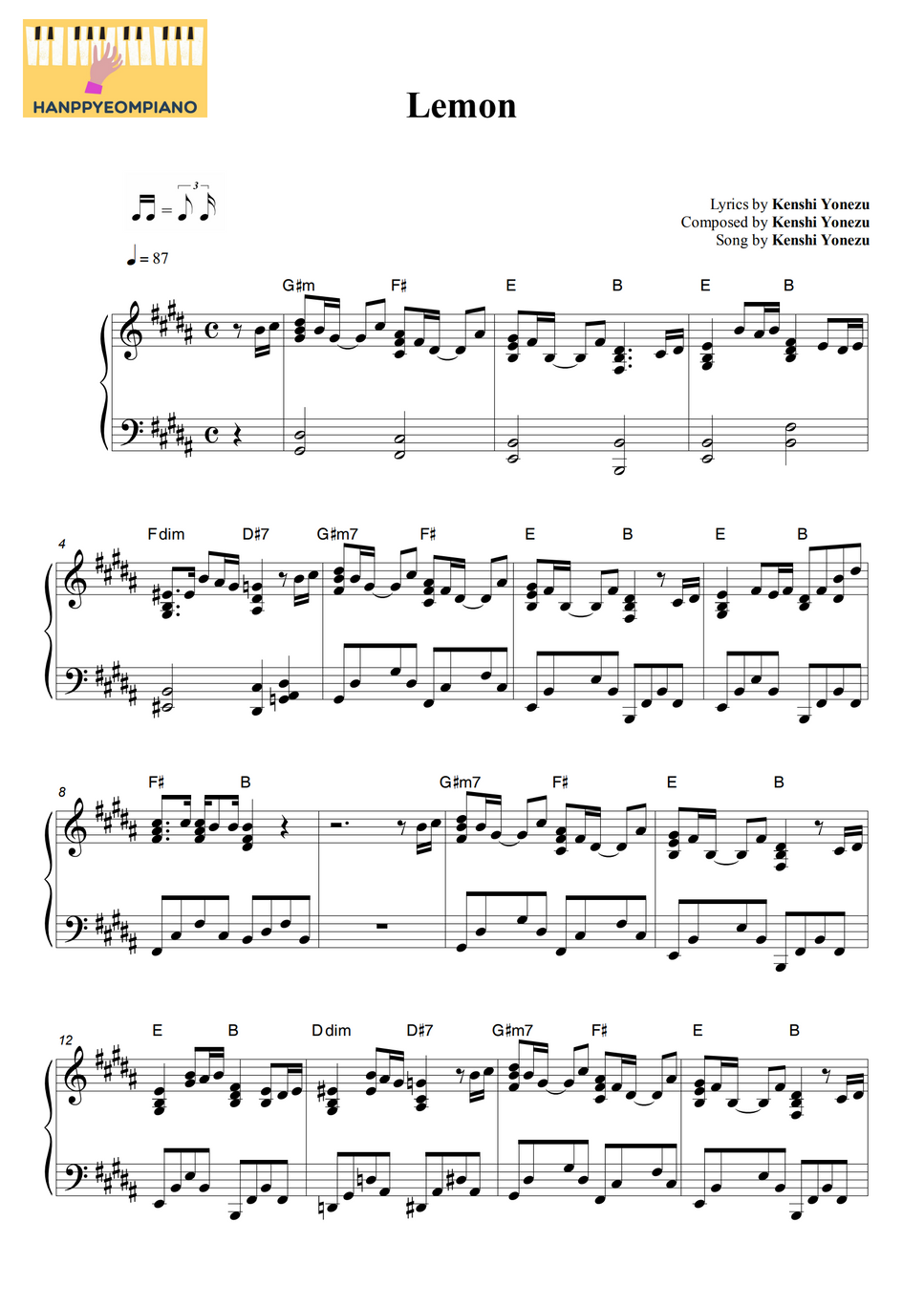 Kenshi Yonezu - Lemon [PIANO COVER] Sheet