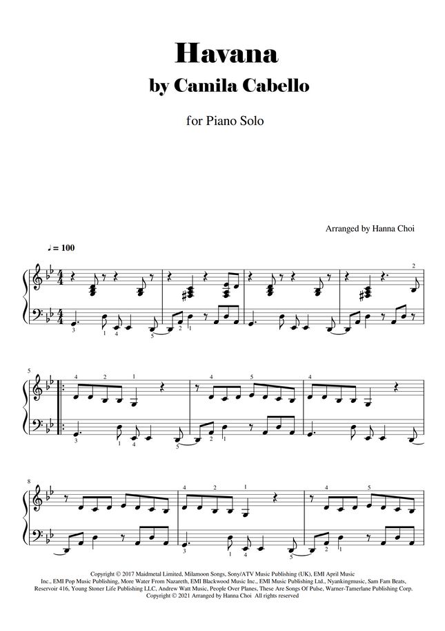 Camila Cabello - " Havana" (for Piano Solo) Sheet Music
