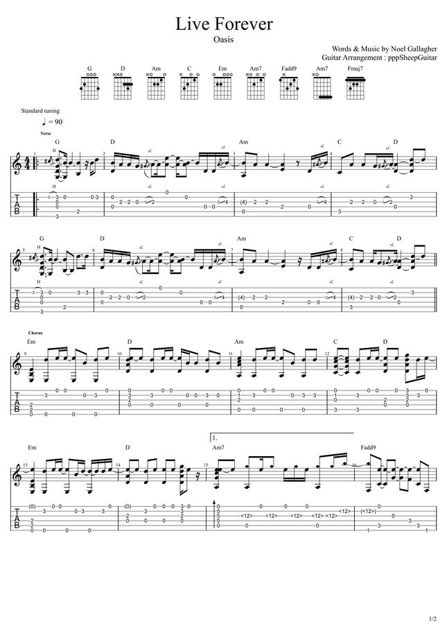 Oasis - Live Forever (Fingerstyle) by pppSheepGuitar Sheet Music