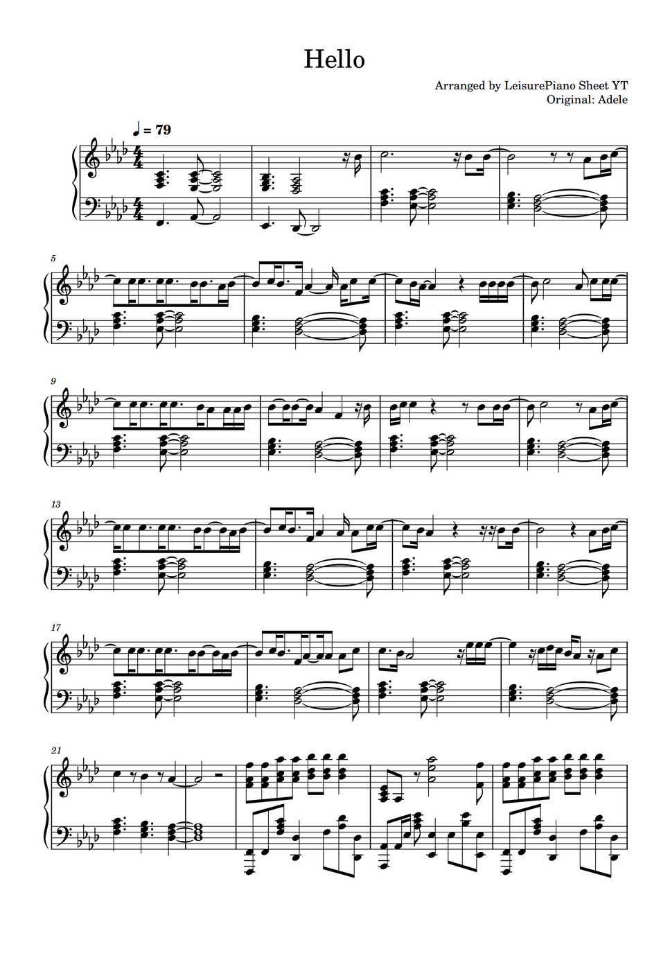 Adele - Hello by Leisure Piano Sheets YT Partition musicale