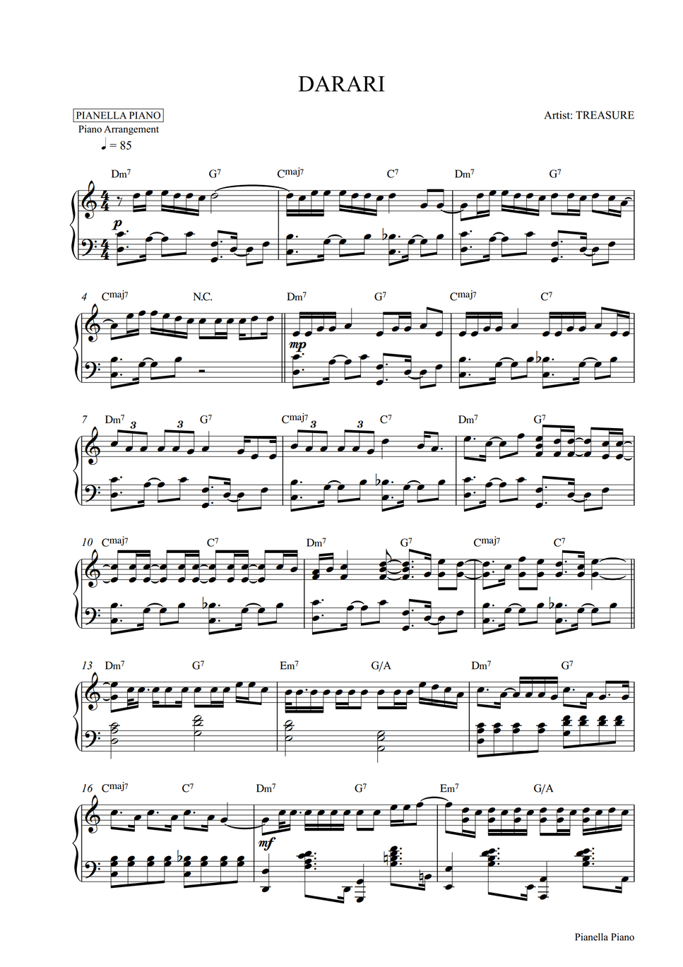 Treasure Darari Piano Sheet By Pianella Piano楽譜