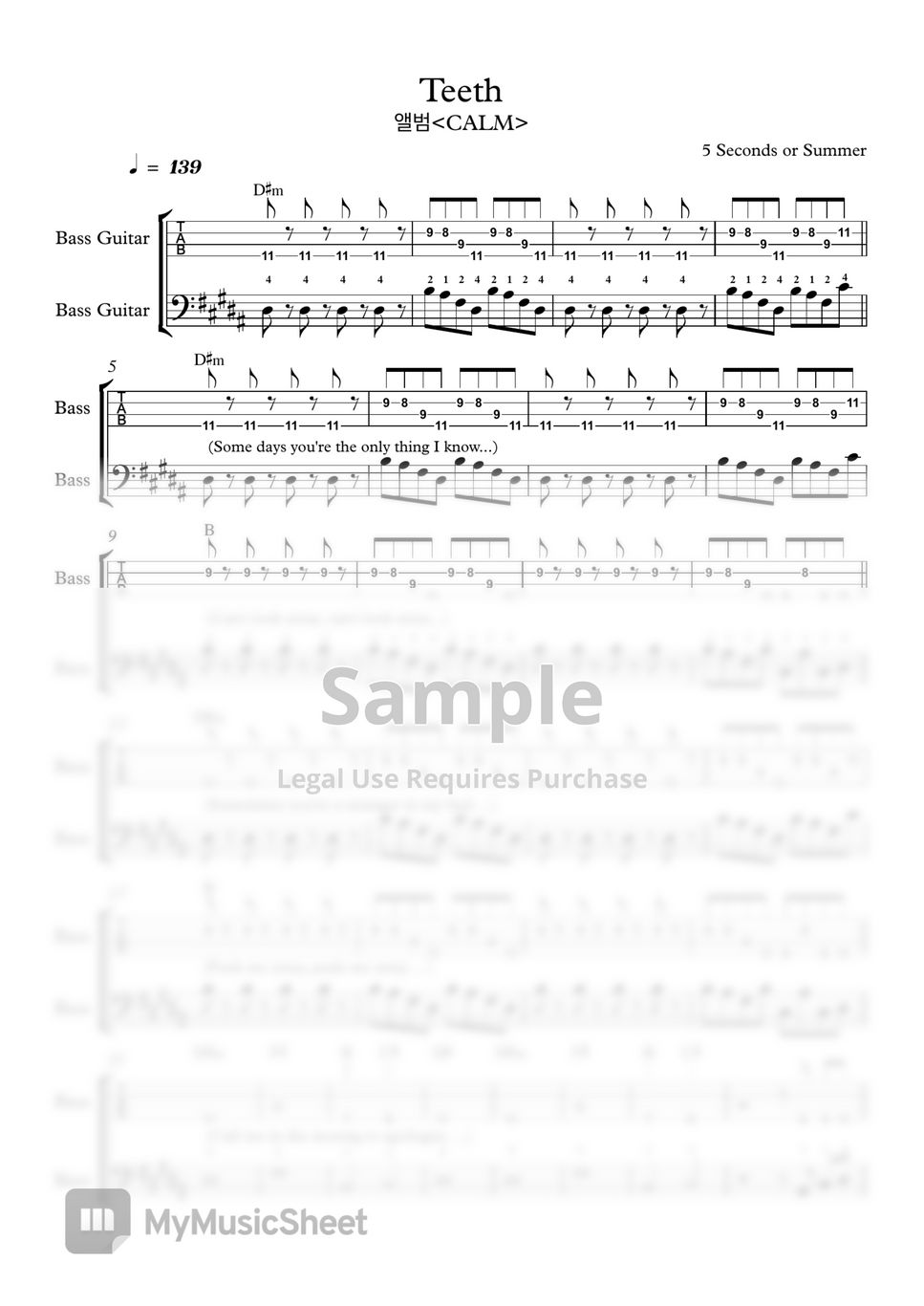 5 Seconds of Summer - Teeth (타보(tab)+음계/크로메틱) 樂譜 by TTun's bass