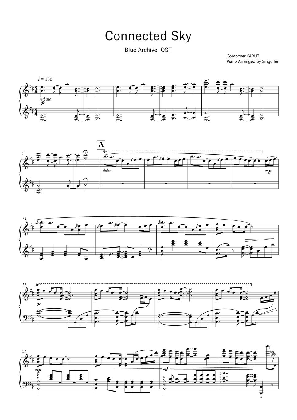 碧蓝档案 - Connected sky (钢琴版) 楽譜 by Singulfer-小言