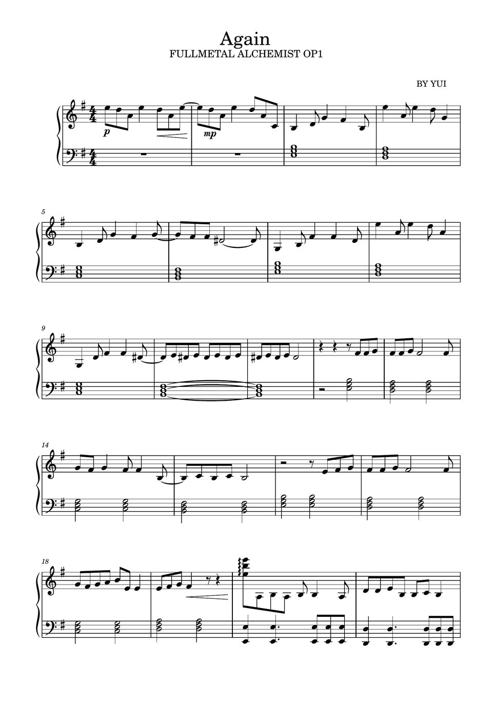 YUI - Again (TVアニメ,鋼の錬金術師 ,YUI,FULLMETAL ALCHEMIST OP1,Piano Solo Sheet ...