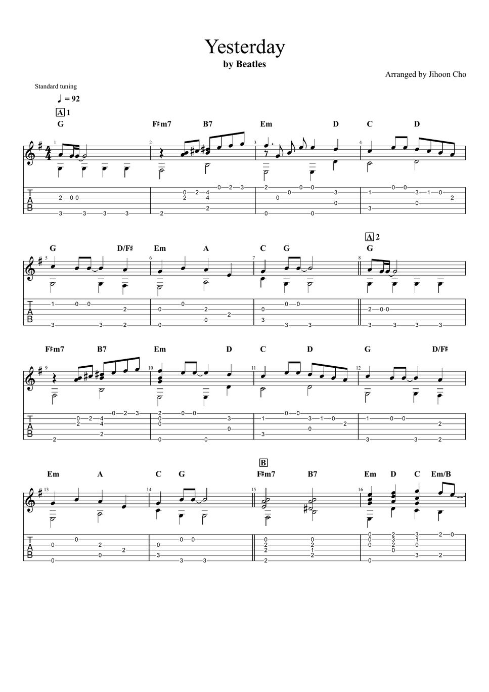 Beatles - Yesterday (어쿠스틱 기타 솔로 / Acoustic Guitar Solo) TAB by Jihoon Cho