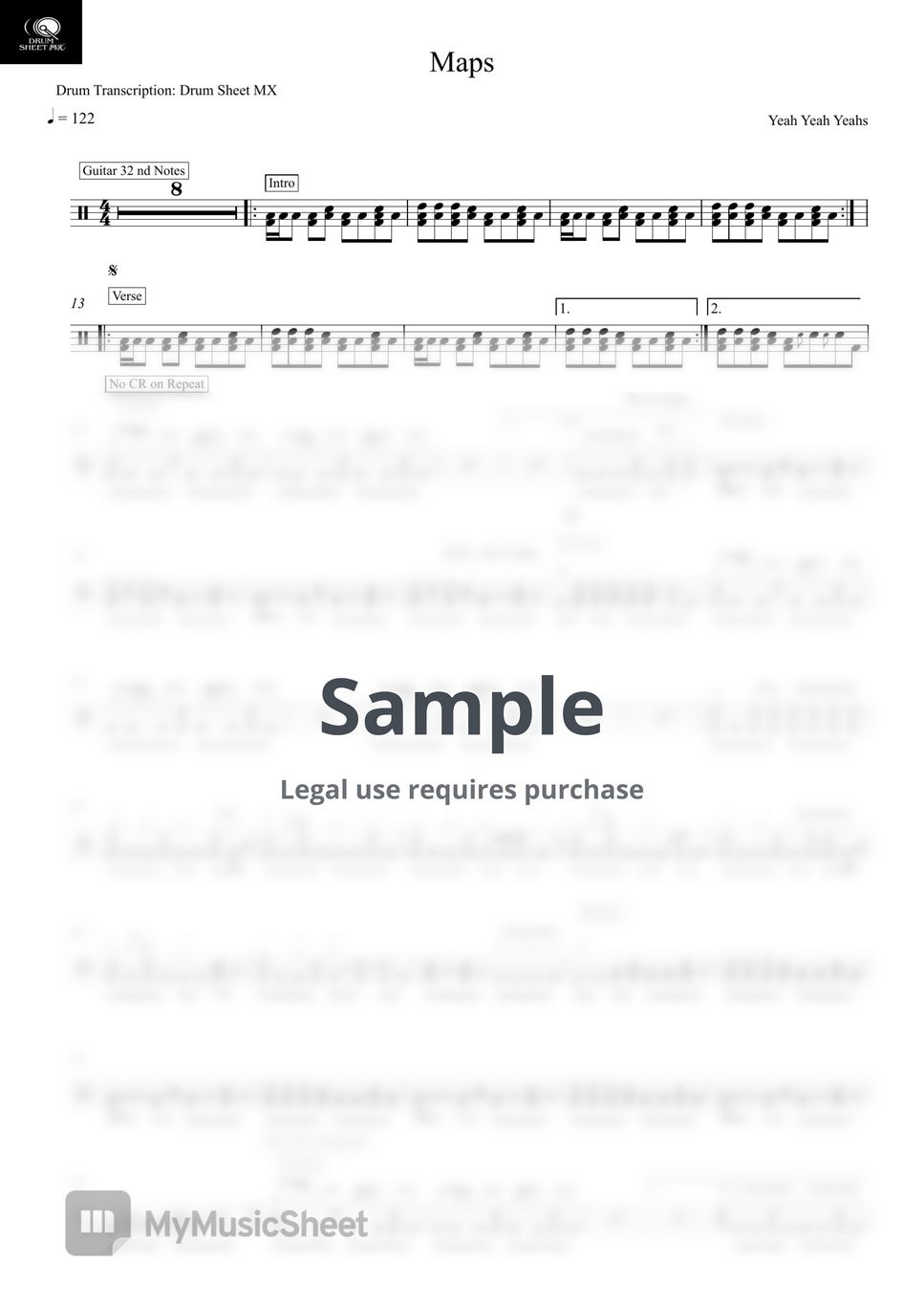 Yeah Yeah Yeahs - Maps Sheet Music by Drum Transcription: Drum Sheet MX