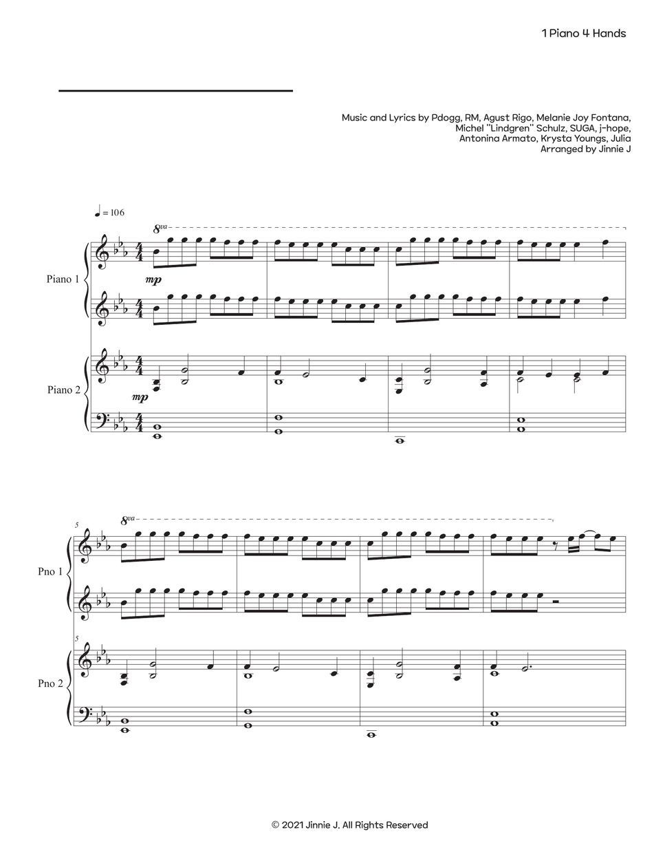 BTS (방탄소년단) - Spring Day (봄날) (1 piano 4 hands) Sheet by Jinnie J