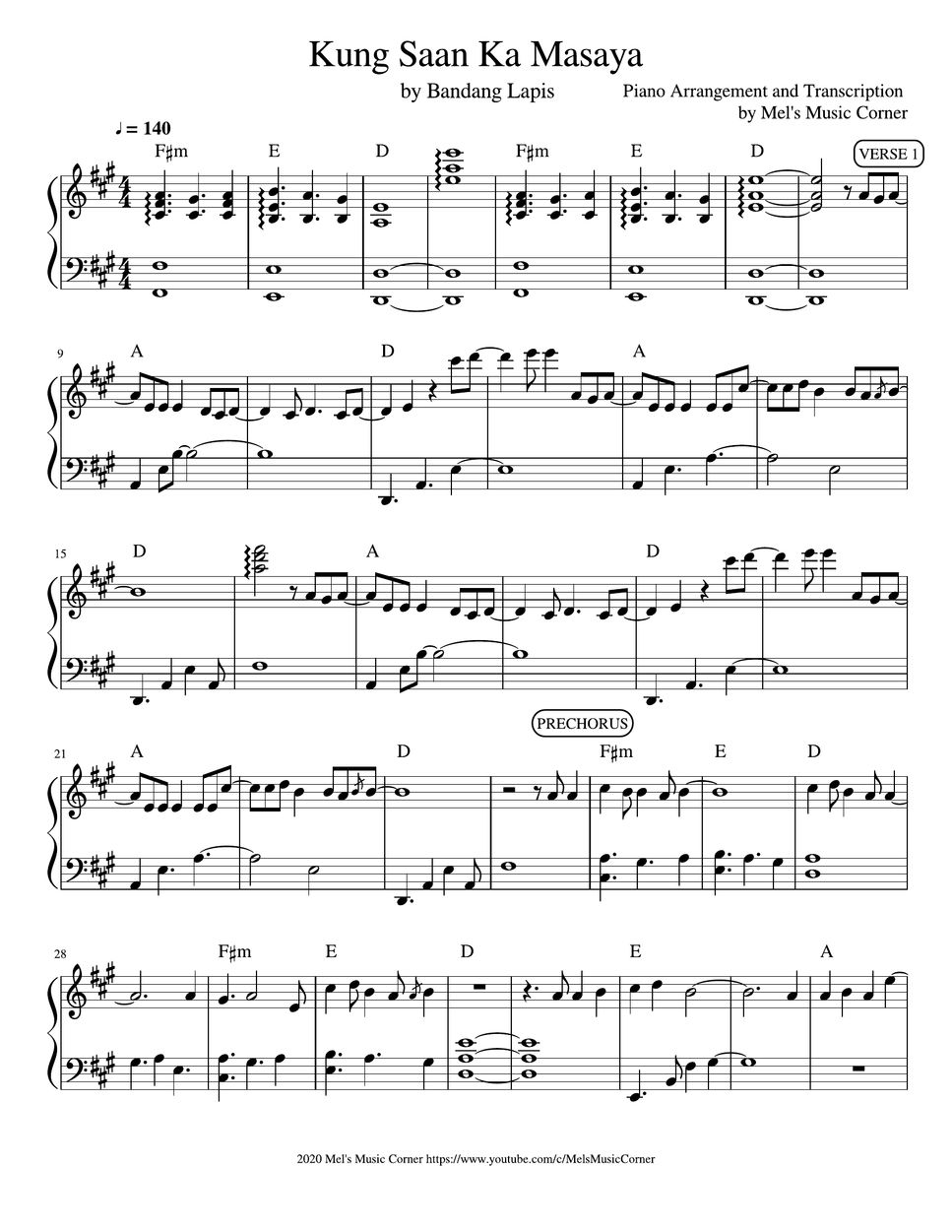 Bandang Lapis - Kung Saan Ka Masaya (piano sheet music) Partitura by Mel's Music Corner
