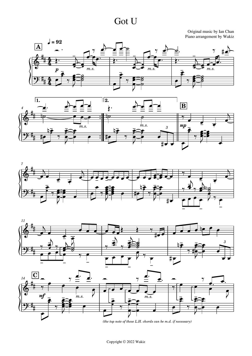 Ian Chan - Got U 曲谱 by Wakiz