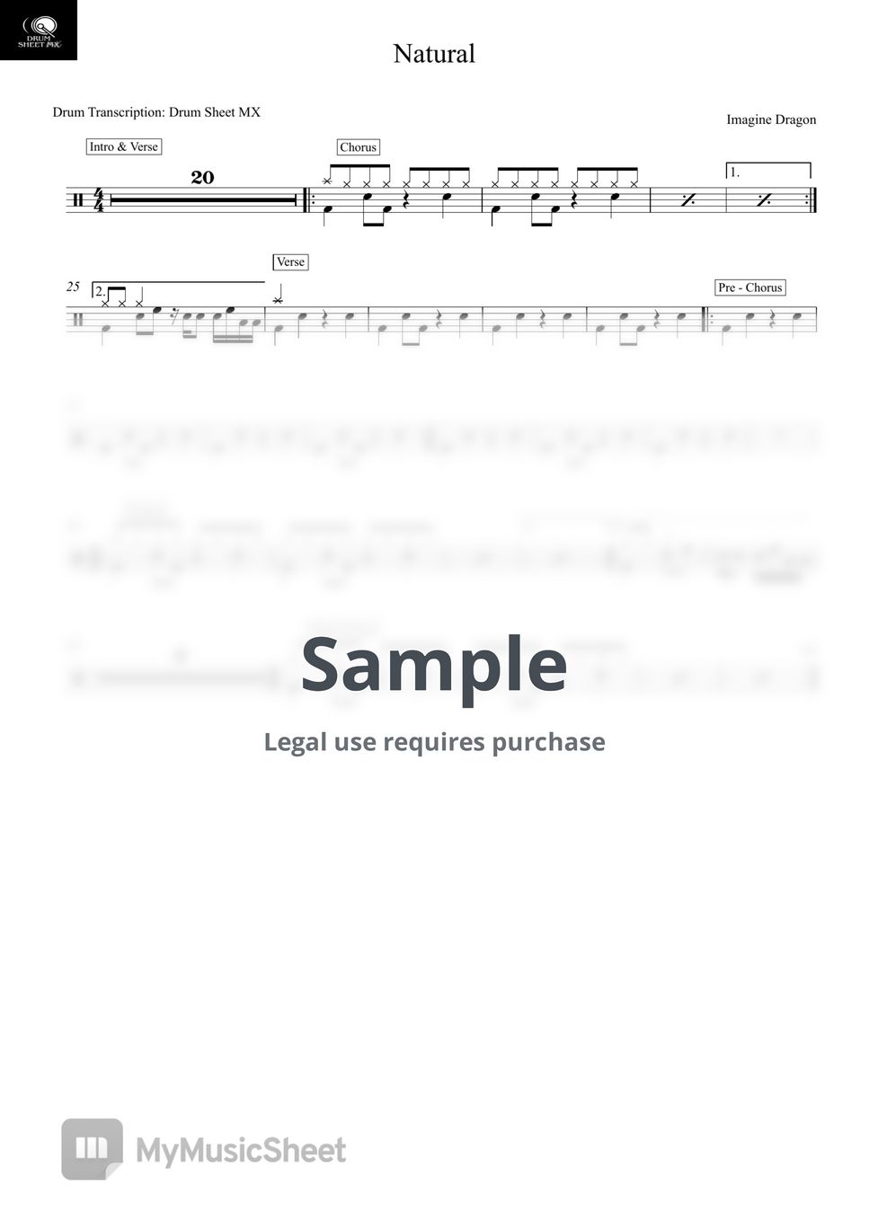 Imagine Dragons - Natural 악보 by Drum Transcription: Drum Sheet MX