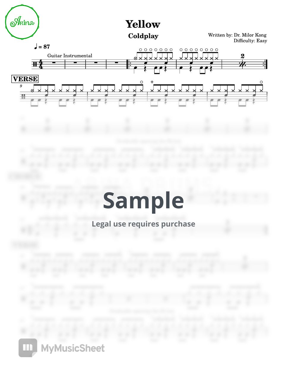 Coldplay - Yellow (Drum Cover) Sheets by Dr. Milor Kong