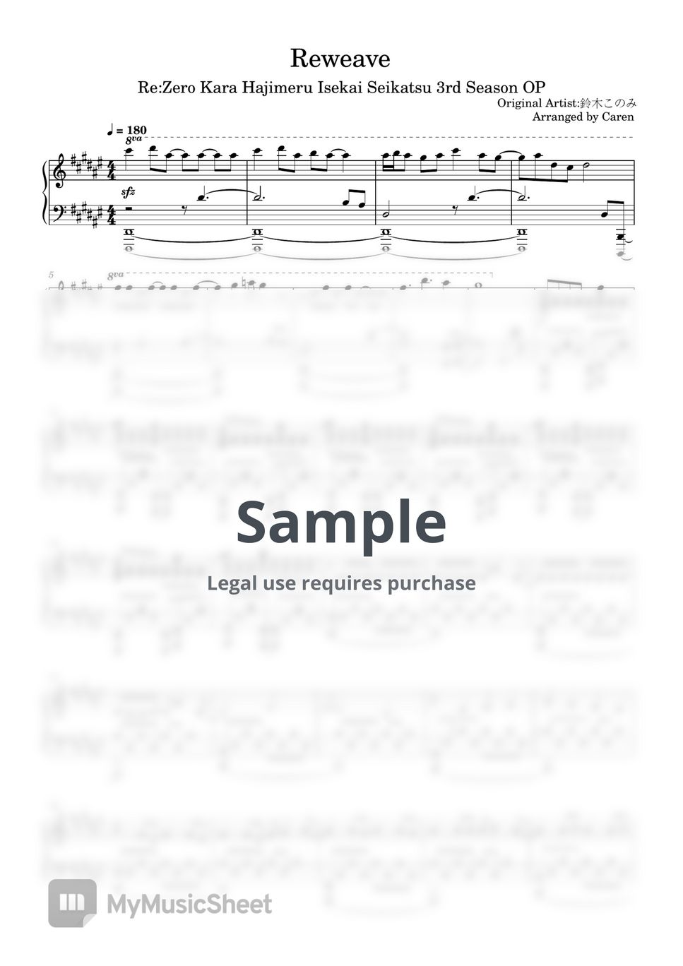 鈴木このみ - Piano-Reweave[劇場アニメ「Re:ゼロから始める異世界生活3rd season」OP] Sheets by Caren