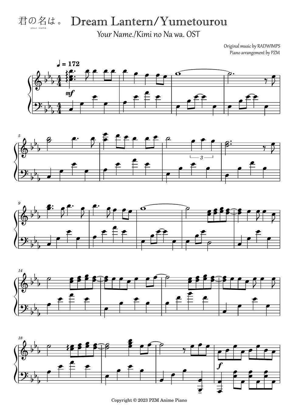 RADWIMPS - Dream Lantern/Yumetourou (Your Name./Kimi no Na wa. OST) Partitura by PZM