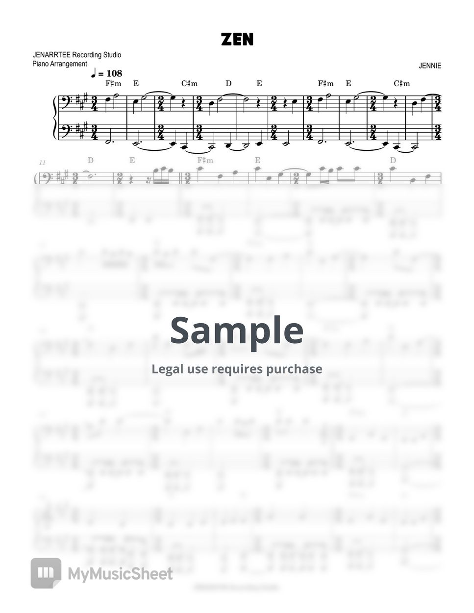 JENNIE - ZEN Sheet Music by JENARRTEE Recording Studio