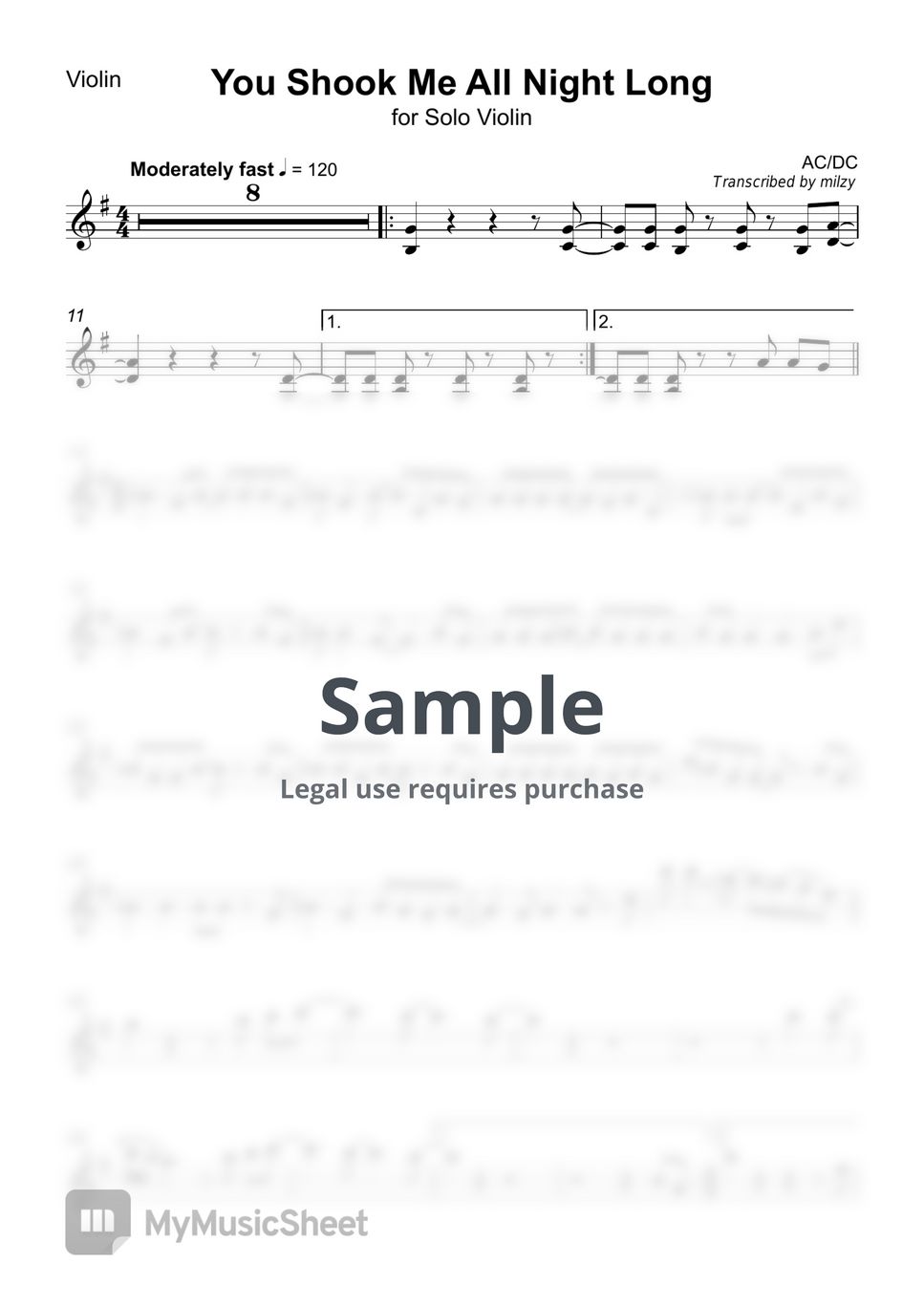 AC/DC - You Shook Me All Night Long (Violin) แผ่น by milzy
