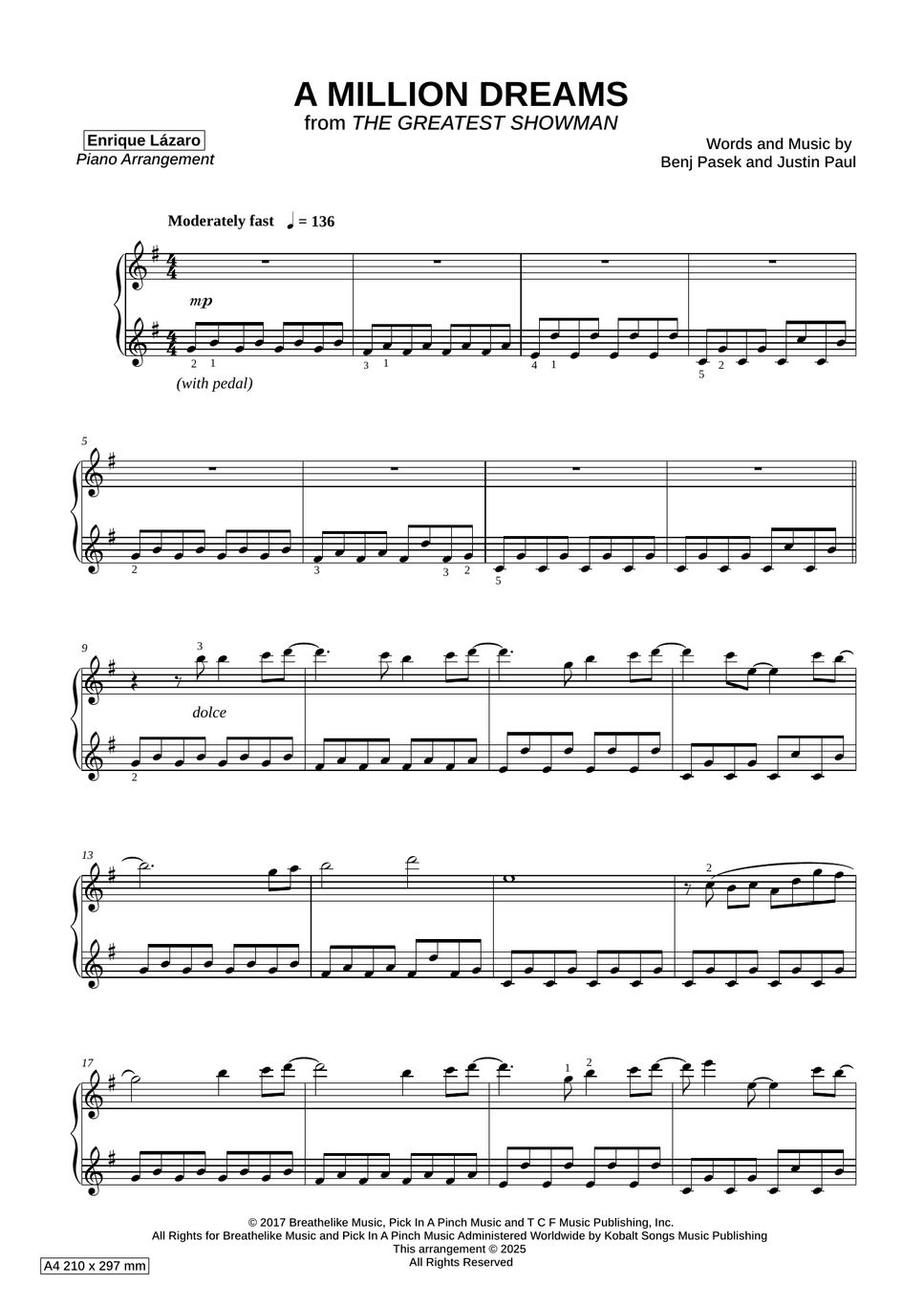 The Greatest Showman - A Million Dreams Sheet Music by Enrique Lázaro