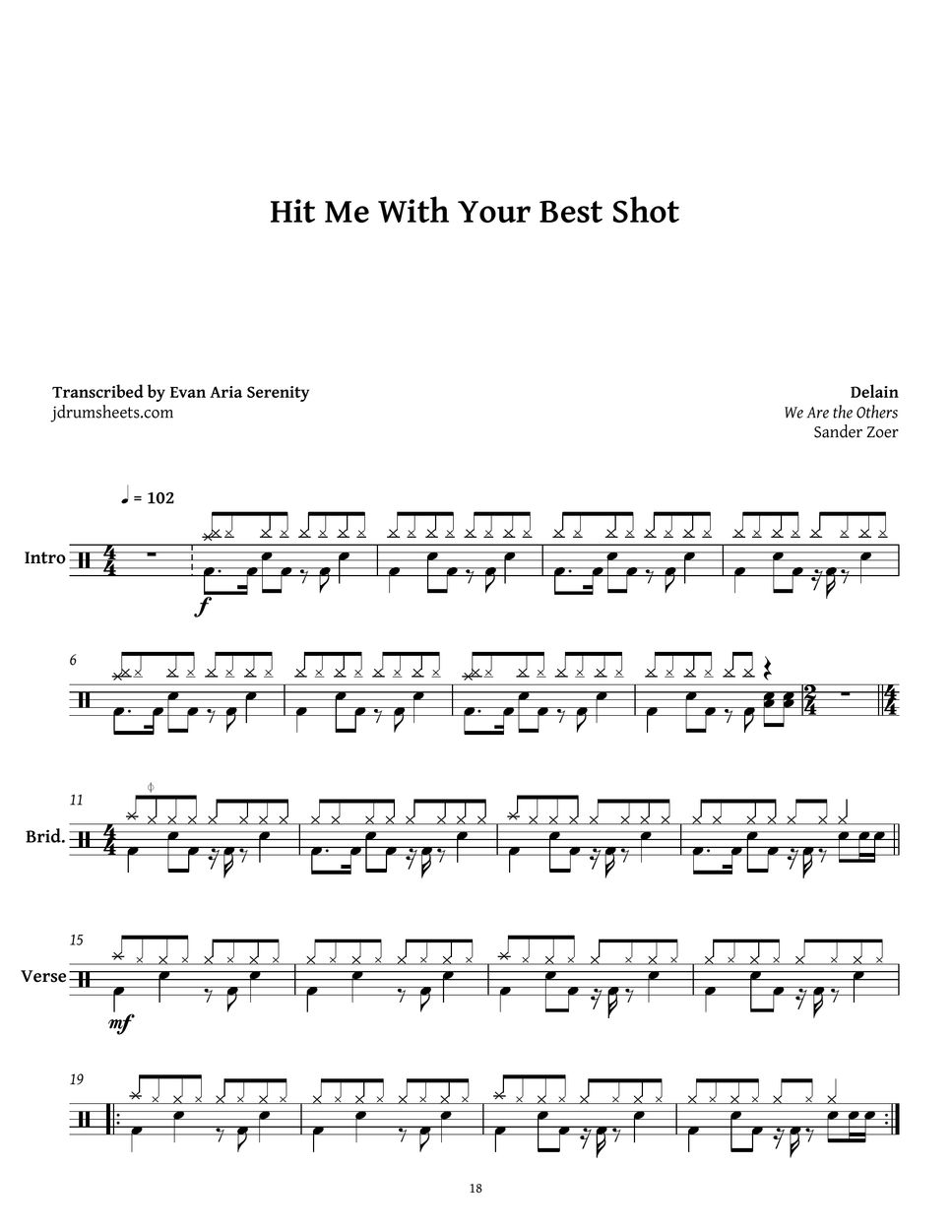 Delain - Hit Me With Your Best Shot 楽譜 by Jaslow Drum Sheets