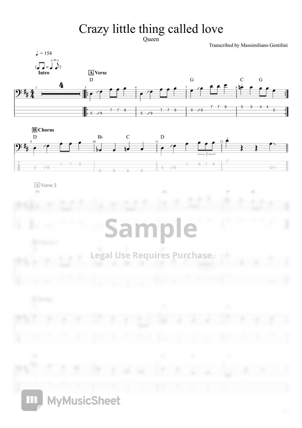 Queen - Crazy little thing called love Bass Guitar TAB PDF ...