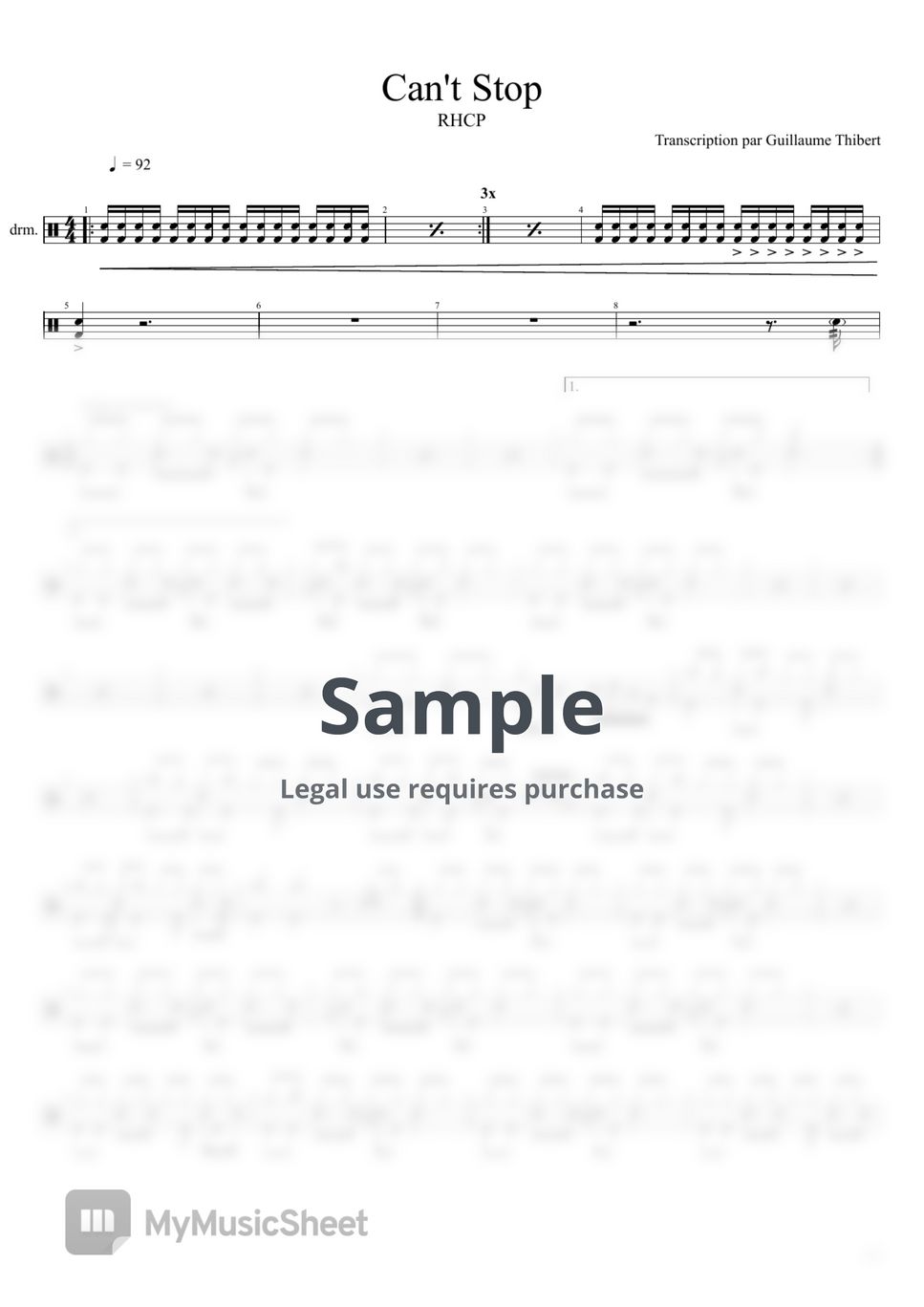 Red Hot Chilli Peppers - Can't stop Sheet Music by Prof de Batterie