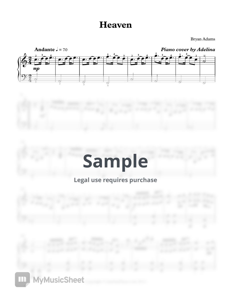 Bryan Adams - Heaven (Easy) Sheet Music by Adelina Piano