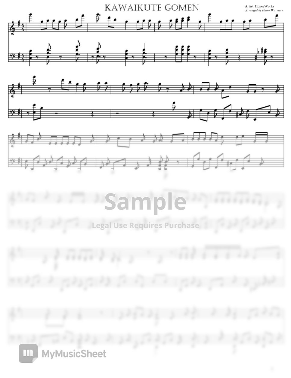 HoneyWorks - Kawaikute Gomen Sheet by Piano Warriors