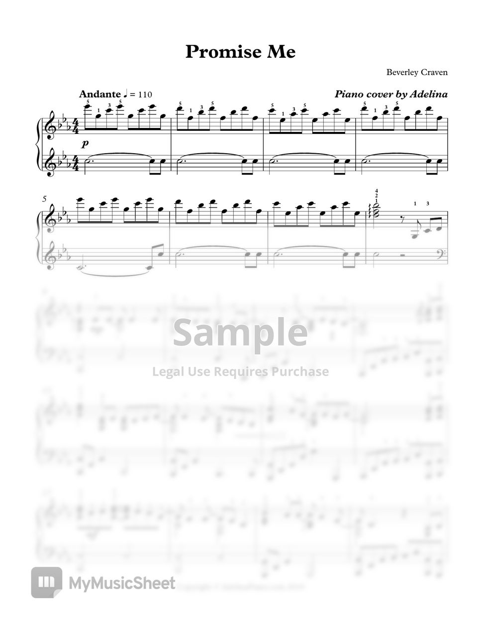 Beverley Craven - Promise Me Sheet Music by Adelina Piano