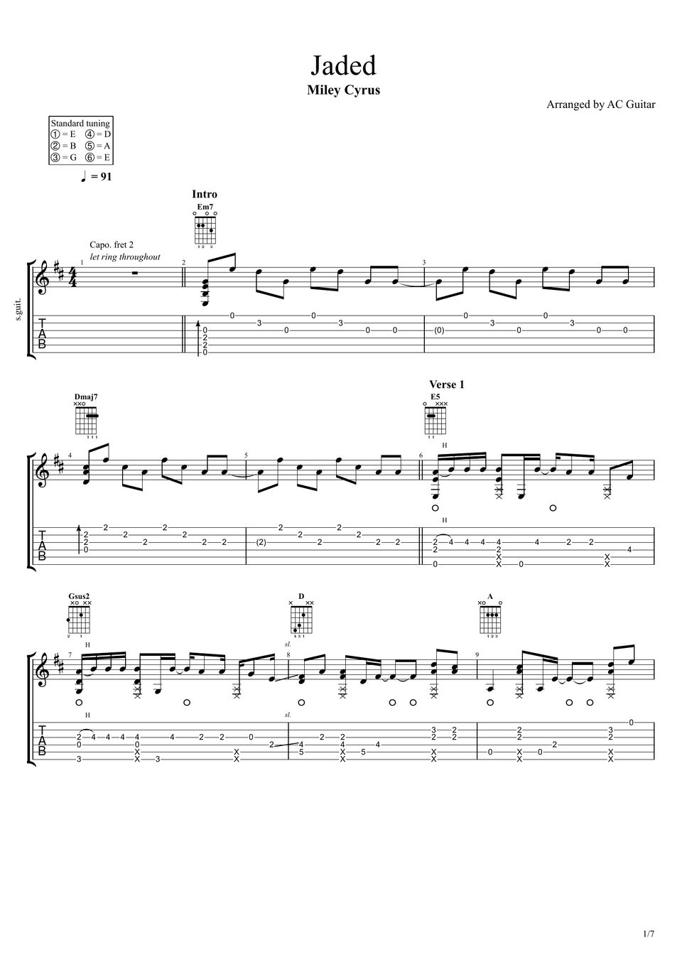 Miley Cyrus - Jaded Tab + 1staff by AC Guitar