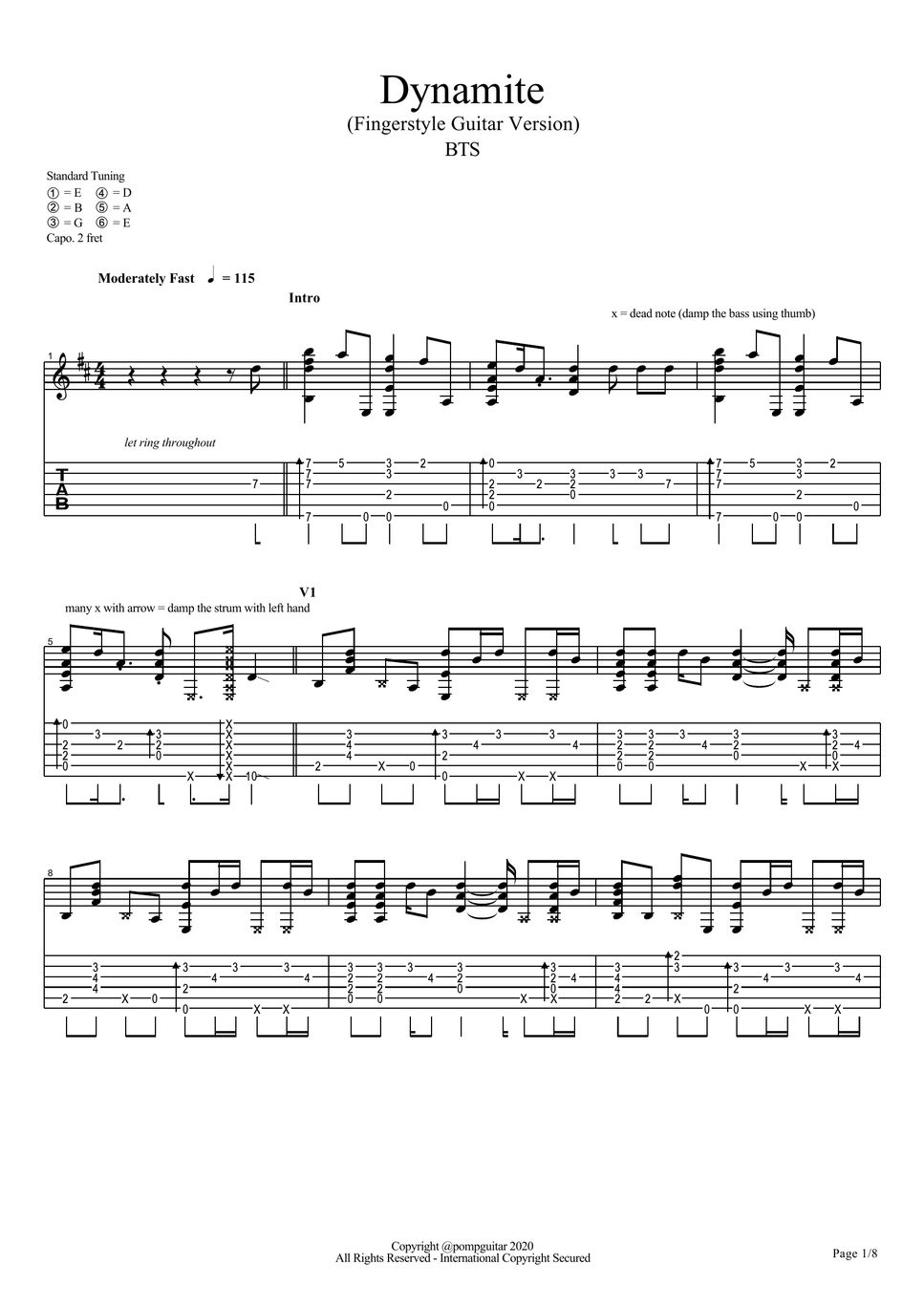 BTS - Dynamite (Shlyn 커버) (Guitar) Tab + 1staff by TaeHyun Taylor Lee