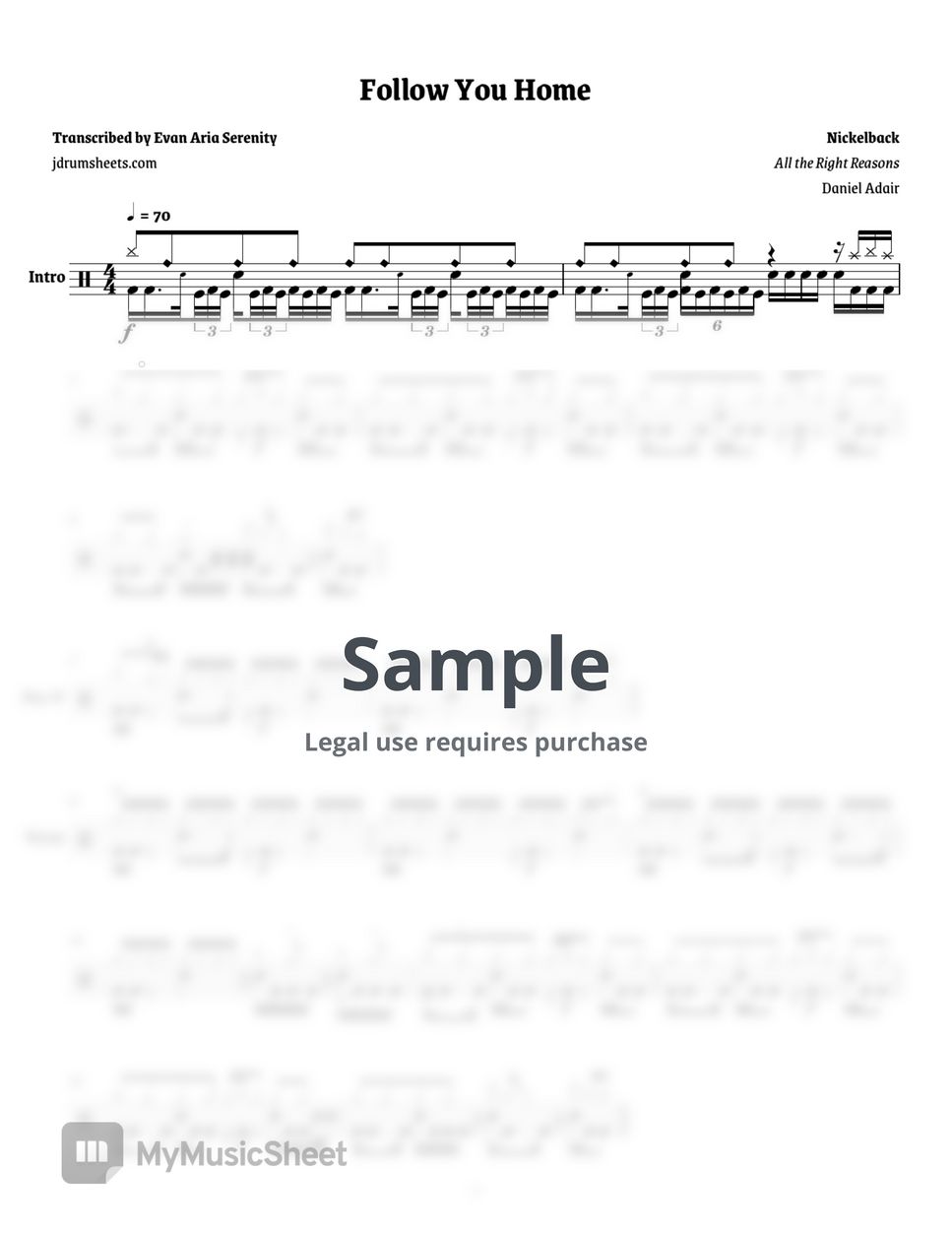 Nickelback - Follow You Home 악보 by Jaslow Drum Sheets