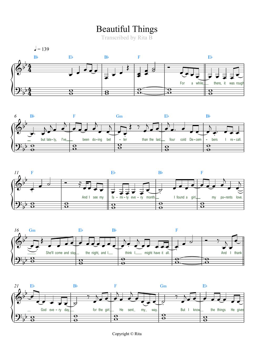 Benson Boone - Beautiful Things 악보 by Rita B