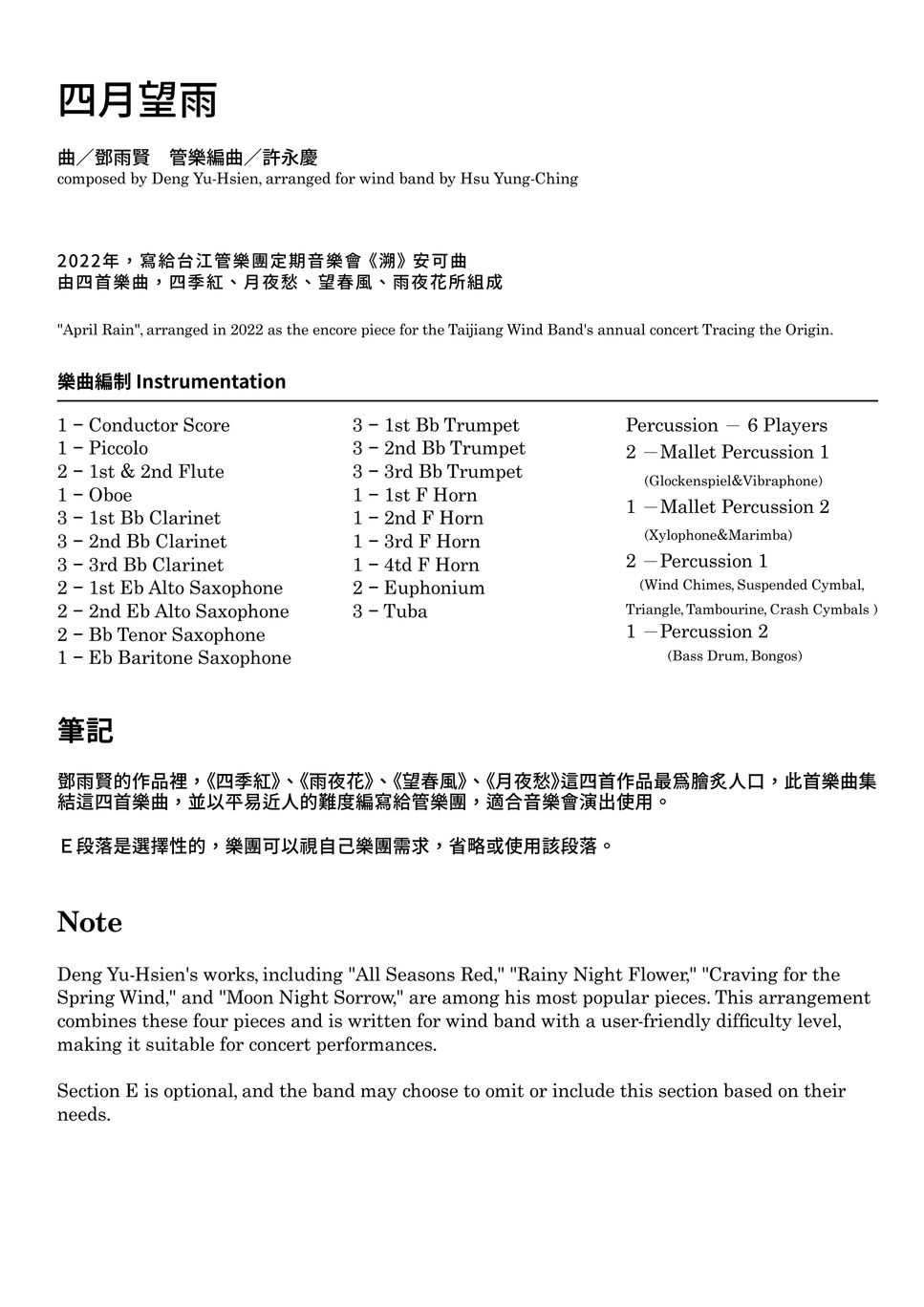 鄧雨賢 - 四月望雨 (管樂團版本，總譜&分譜) Sheets by 許永慶
