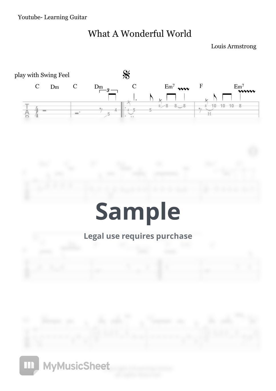 Louis Armstrong - What A Wonderful World (Melody TAB) 악보 by Learning Guitar