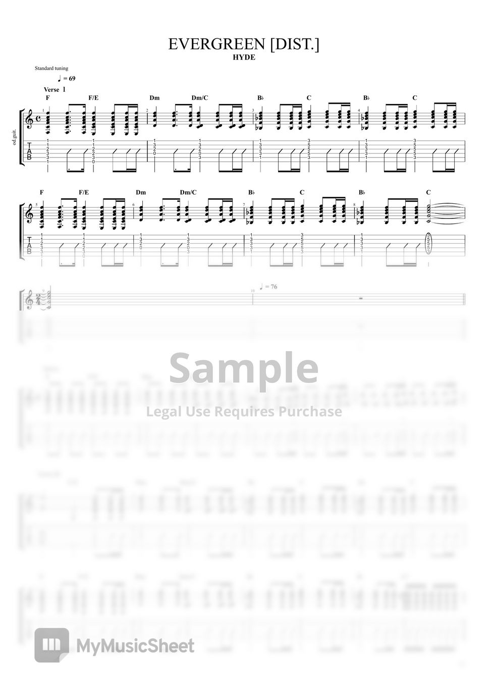 HYDE - EVERGREEN [DIST.] (エレキギターPart) Sheet Music by キリギリス