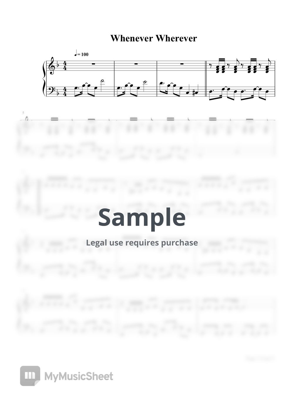 Shakira - Whenever Wherever (Shakira) Sheet Music by Yilun