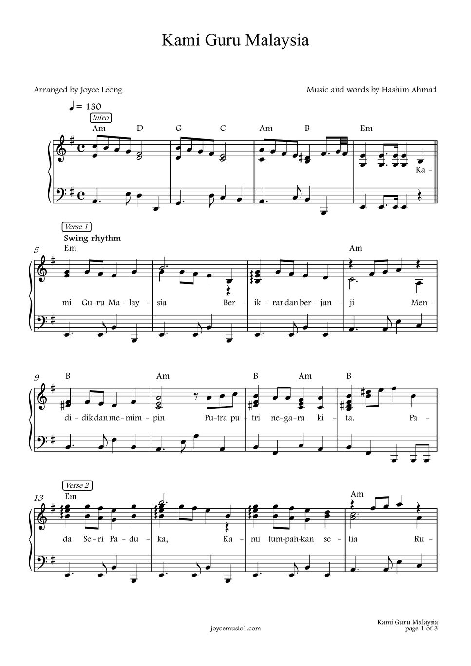 Kami Guru Malaysia (Malaysian Patriotic Song) Sheets by Joyce Leong