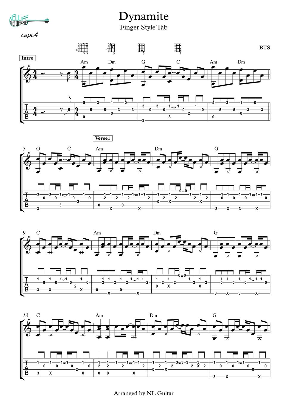BTS(방탄소년단) - Dynamite Sheets by NL Guitar(뉴라이프기타)