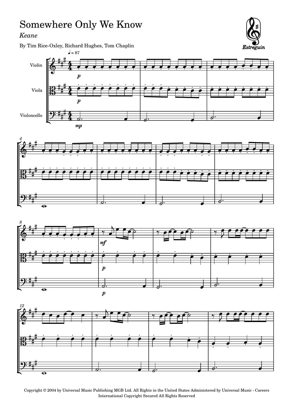Keane - Somewhere Only We Know (string trio Vln Vla Vlc) Sheets by Estreguin