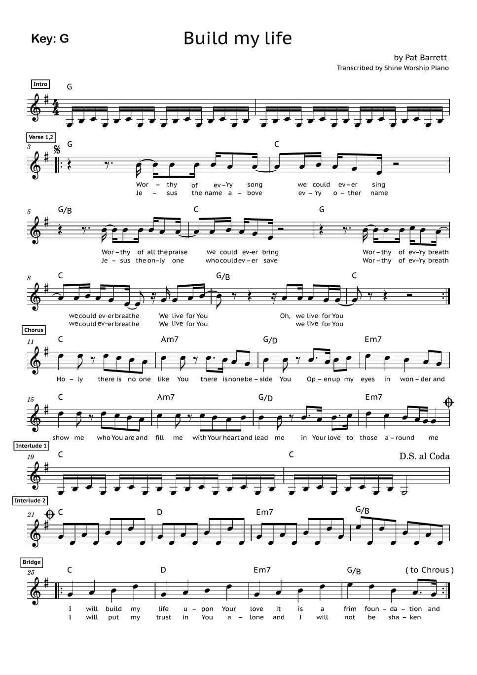 Pat Barreett - Build My Life (feat. Chris Tomlin) 악보 by Shine Worship Piano