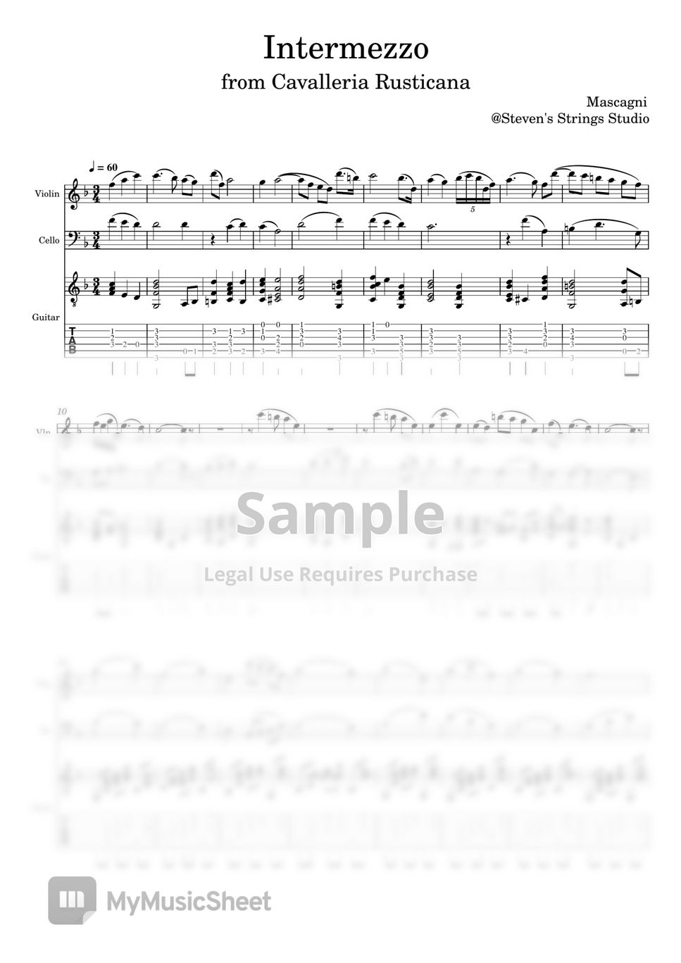 Pietro Mascagni - Intermezzo (Violin Cello Guitar Trio) TAB+1 Staff by ...