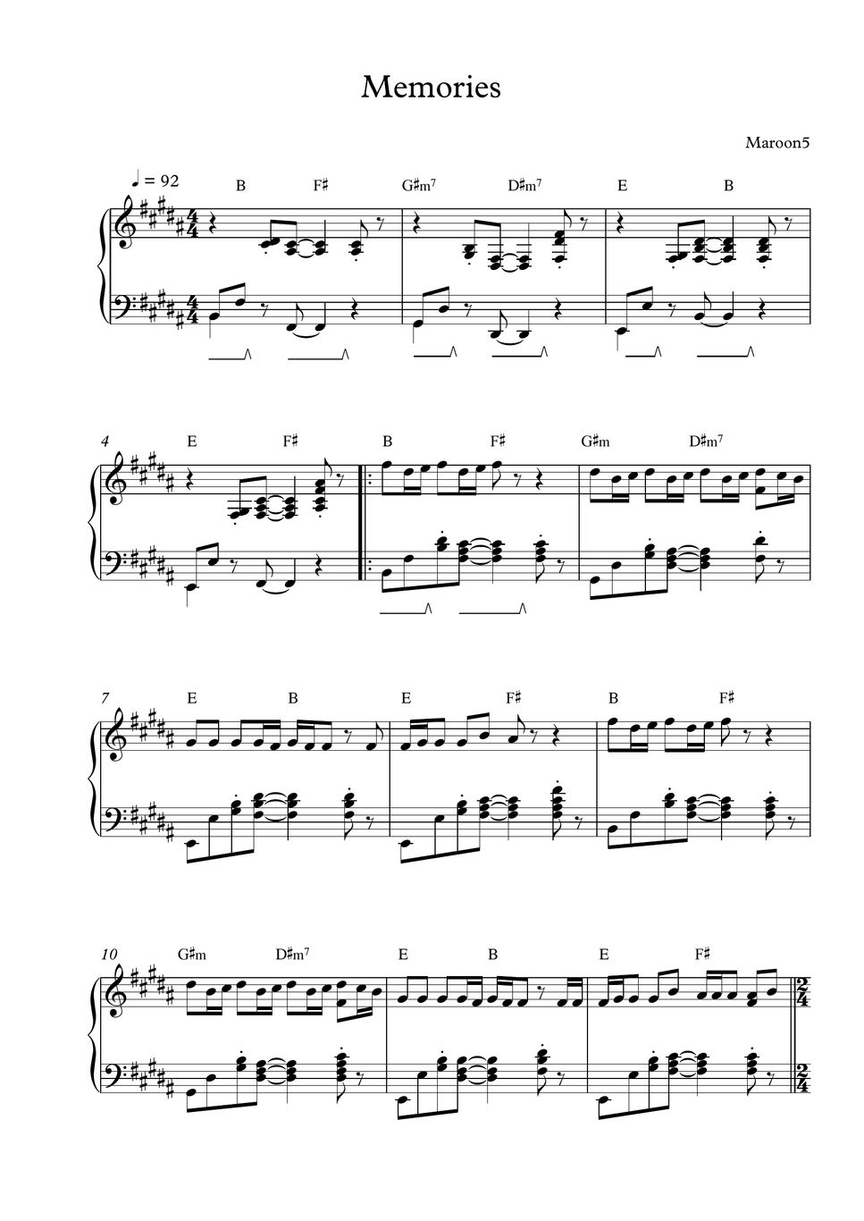 Maroon 5 - Memories (Original Key) Sheets by Pineapplechord