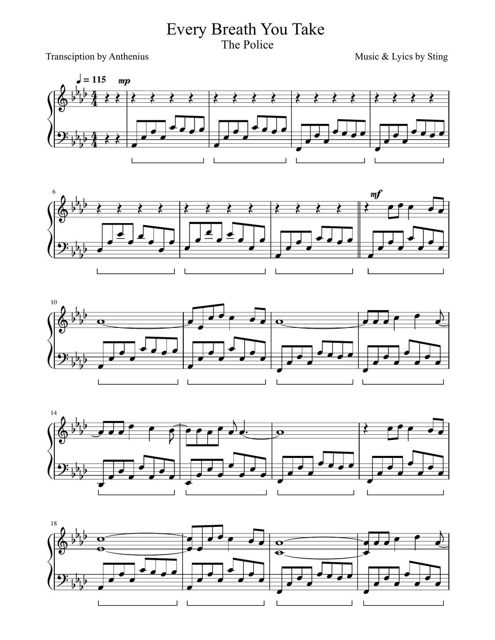 The Police - Every Breath You Take (Easy/Intermediate Piano Cover) Bladmuziek by Piano Tutorials ...