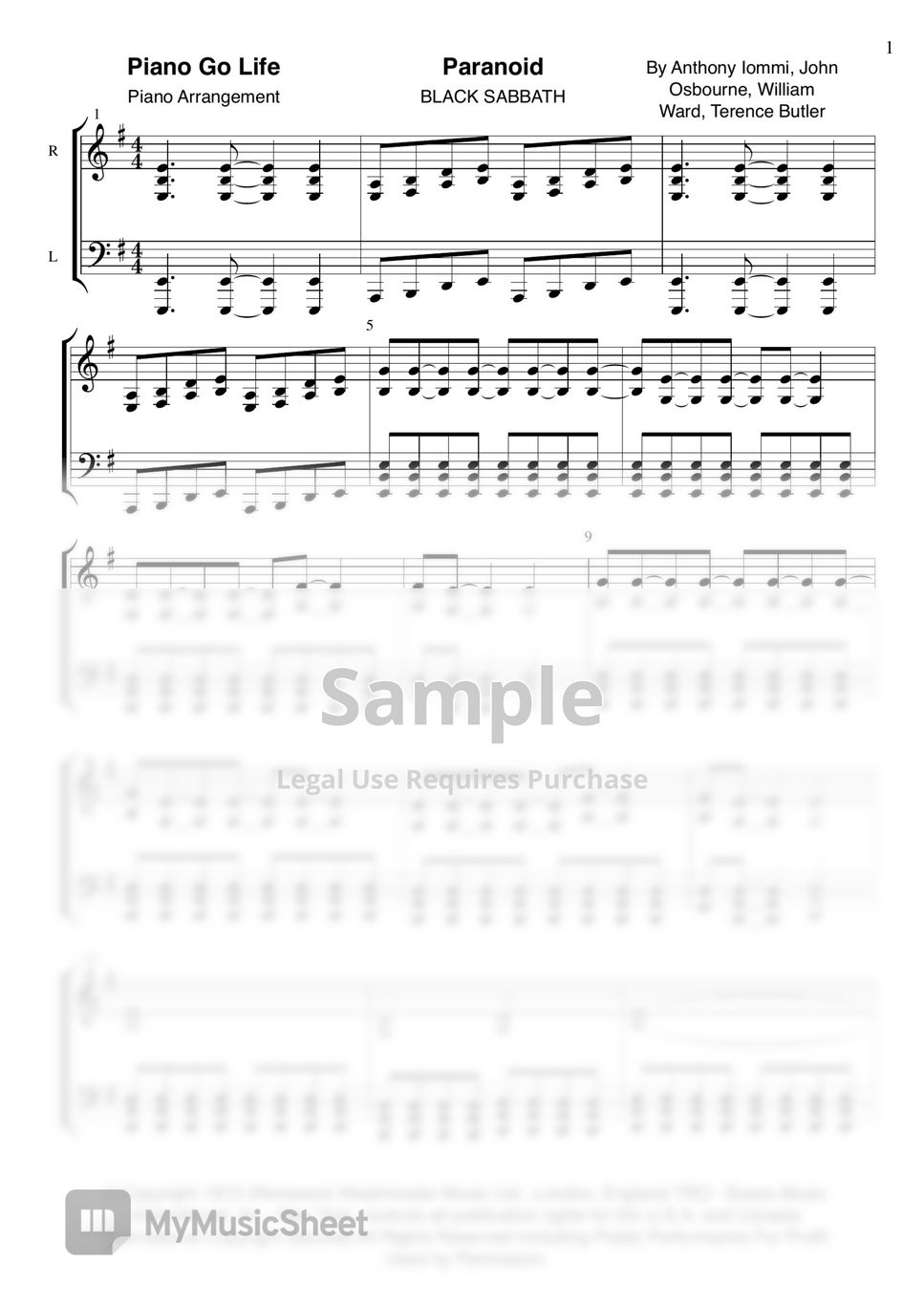 Black Sabbath - Paranoid Sheet by Piano Go Life