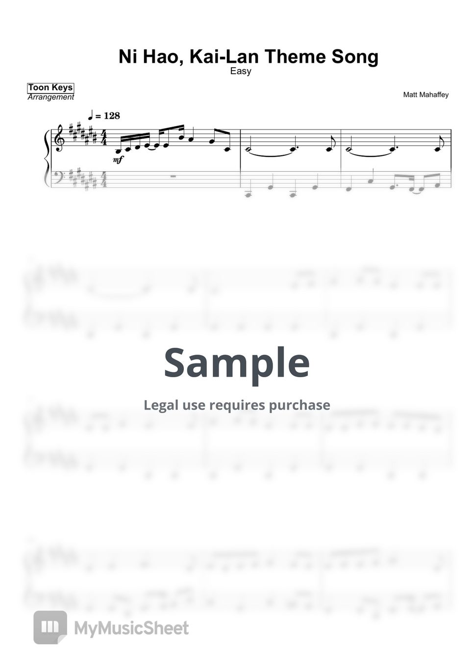 Matt Mahaffey - Ni Hao, Kai Lan Theme Song Sheet Music | Toon Keys ...