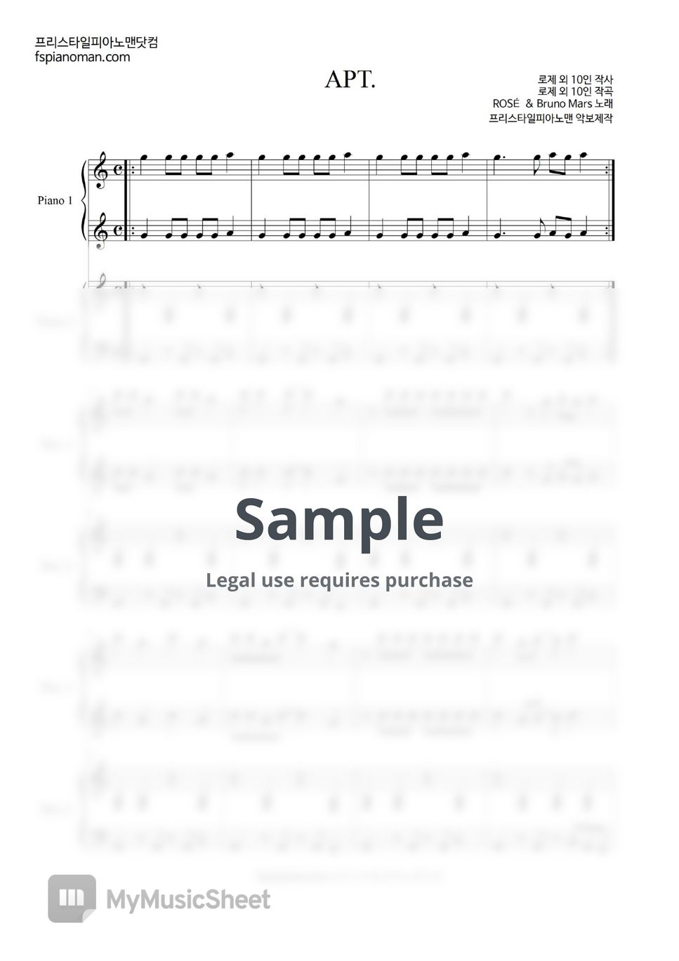 ROSÉ & Bruno Mars - APT. (C Key 4 hands) Sheet Music by freestyle pianoman