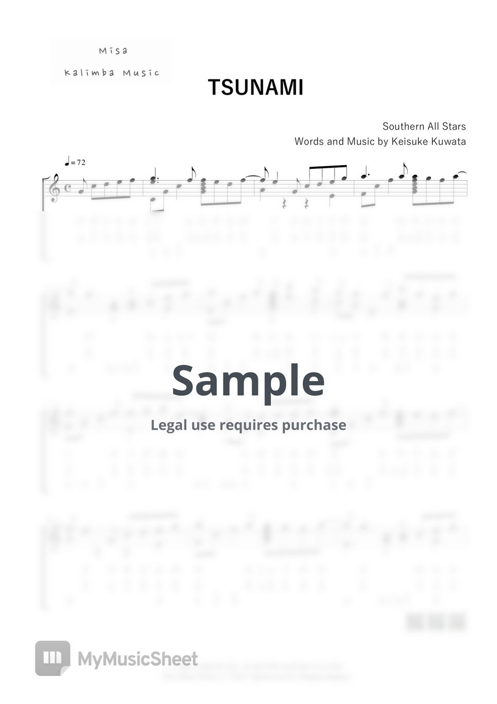Southern All Stars - TSUNAMI / Number Notation / 17 keys Kalimba Sheets ...