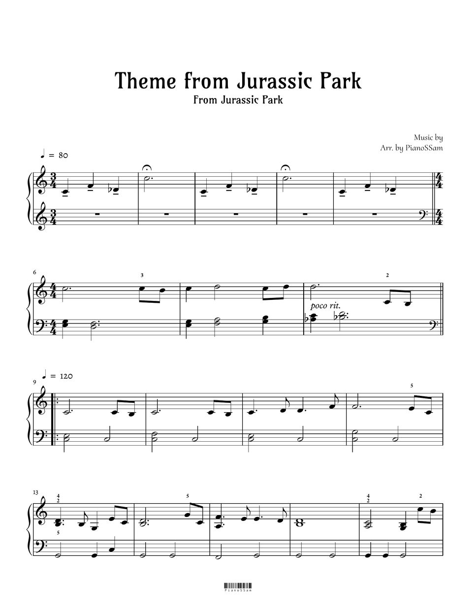 John Williams - Theme from Jurassic Park (Jurassic Park) Sheets by PianoSSam