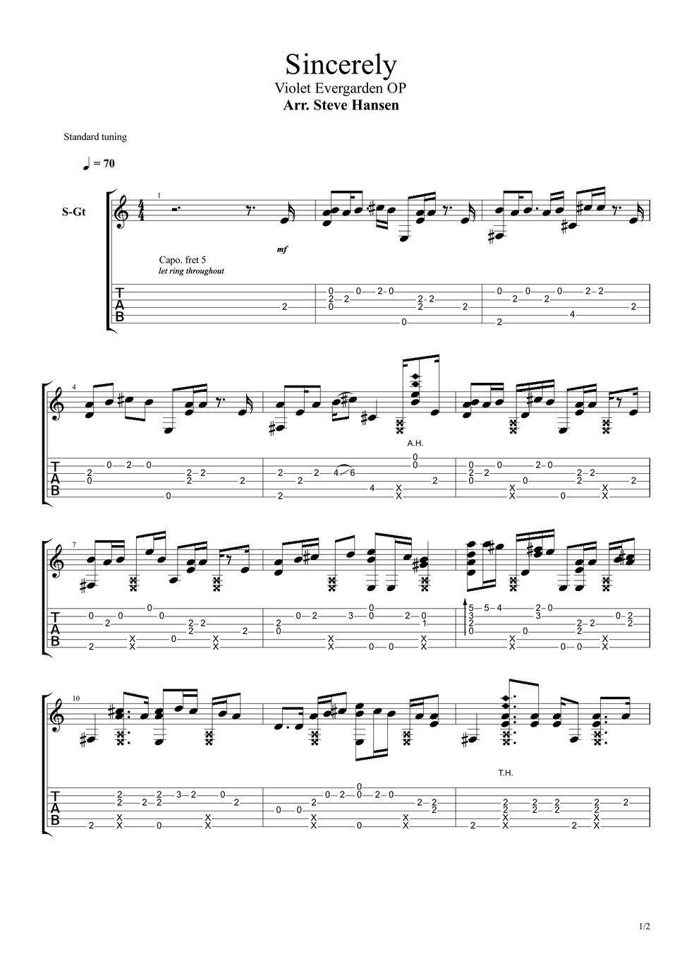 TRUE - Sincerely (From "Violet Evergarden") (Fingerstyle) Sheets by ...