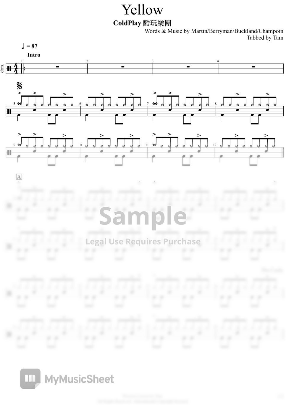 Coldplay - Yellow (Coldplay 酷玩樂團 - Yellow) Sheet Music by Tam Shau