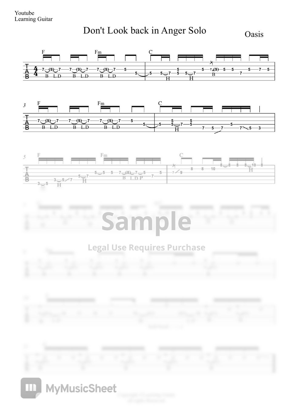 Oasis - Don't Look In Anger Guitar Solo (TAB) แผ่น by Learning Guitar